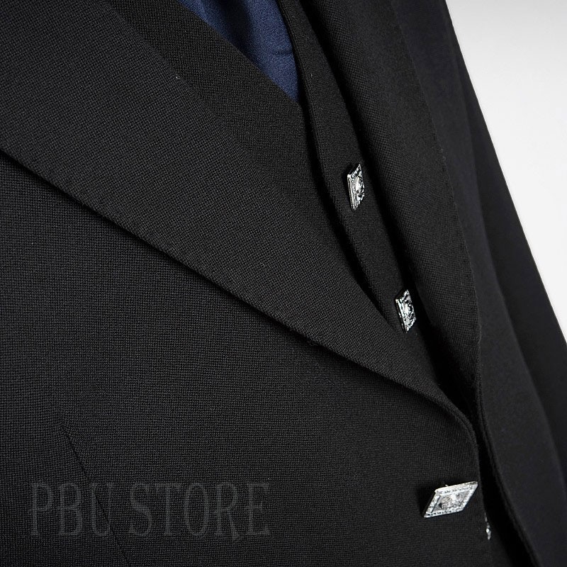 Black Classic Argyll Kilt Jacket and 5 Buttons Waistcoat