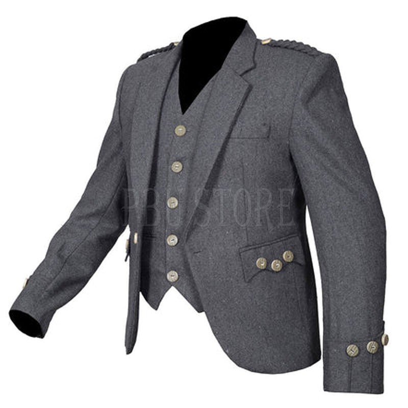 Premium Blazer Wool Grey Argyll Kilt Jacket and Waistcoat