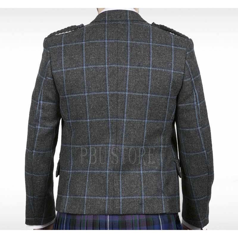 Blue Grey Check Tweed Traditional Crail Kilt Jacket for Scottish Bands ...