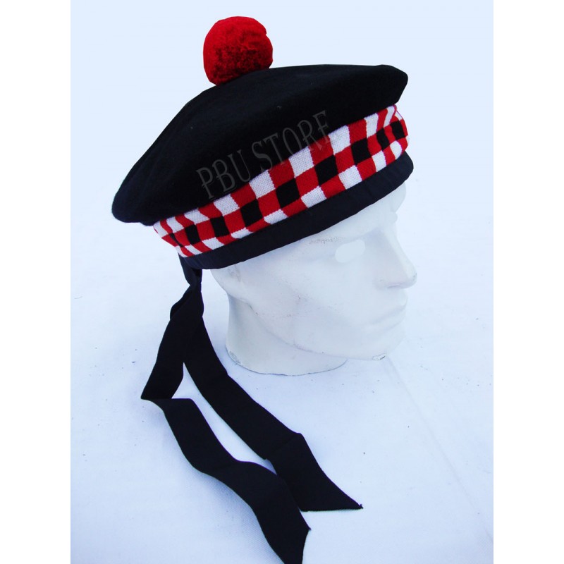 Traditional Scottish Black Dicing Balmoral Hat for Pipe Bands