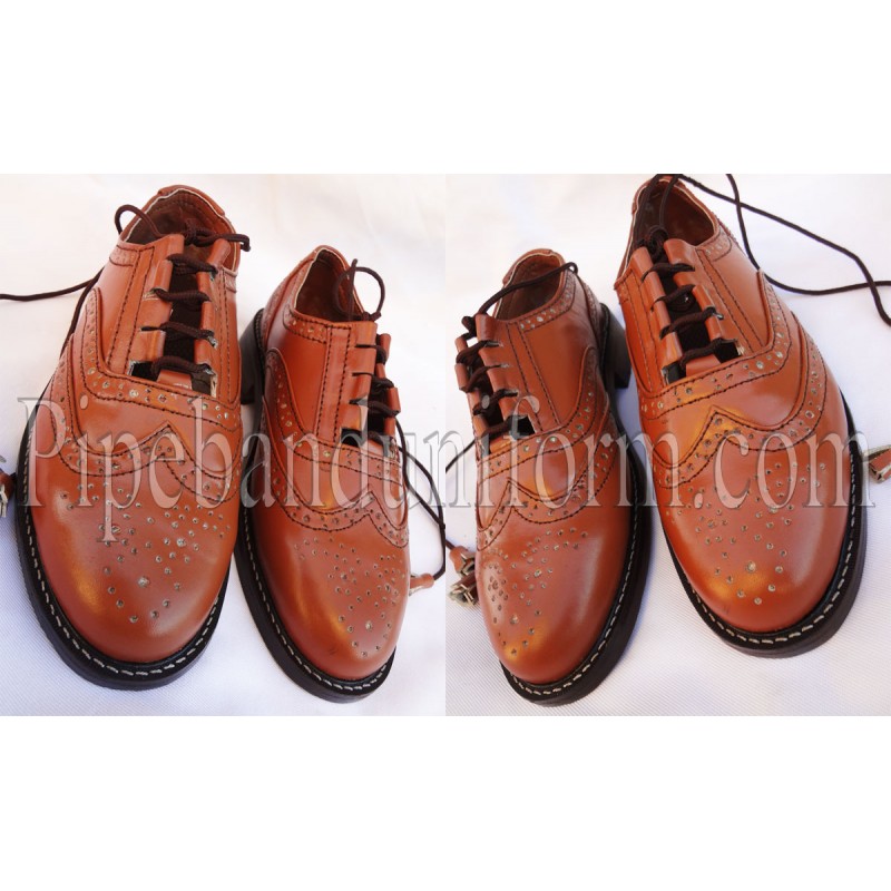 Scottish Piper Brown Leather Ghillie Brogue Kilt Shoes